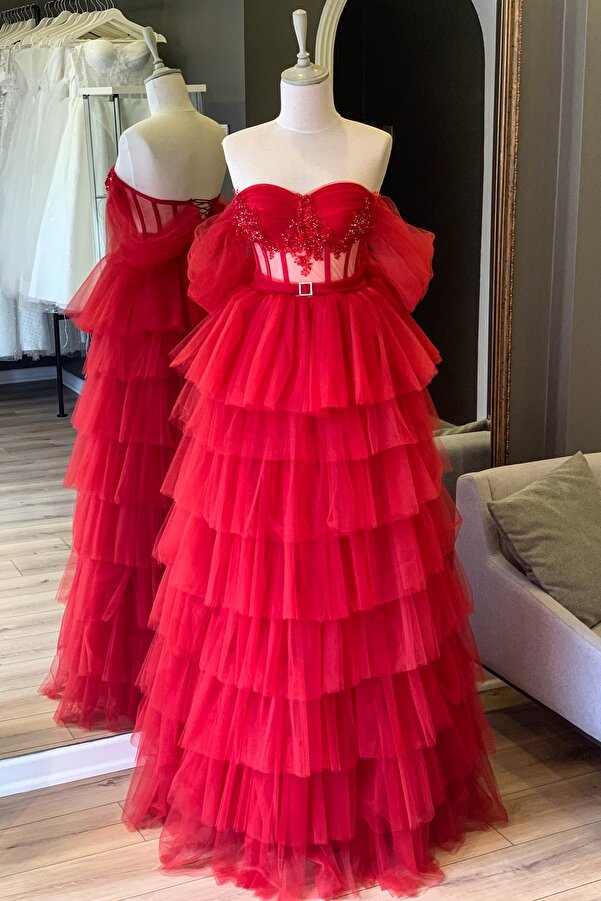 Lenta Moda Red Embroidered Lace Detailed Layered Long Tulle Evening ...