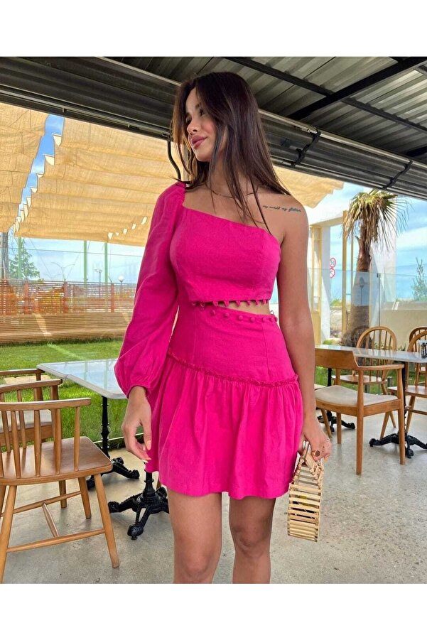 MADAME MELEK Zr Model Window Detailed Single Sleeve Linen Dress- Trendyol