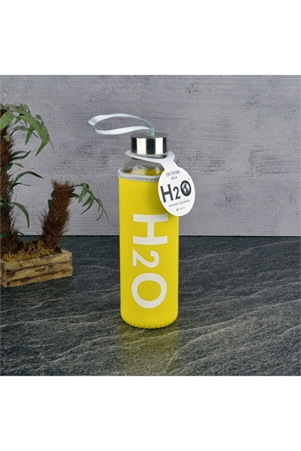 Dükkanönü 500 ml Yellow H2o Glass Flask with Case - Metal Cover - Trendyol