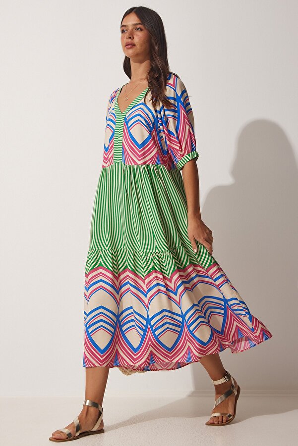 Happiness İstanbul Women's Blue Pink Patterned V-Neck Summer Viscose ...