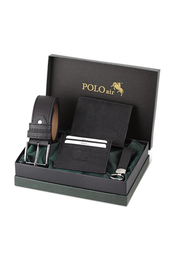polo air Belt Wallet Card Holder Keychain Black Set in Gift Box- Trendyol