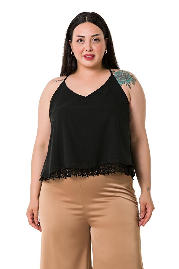 DISENTIS MODEST Bluză neagră din șifon cu detaliu din dantelă de ...