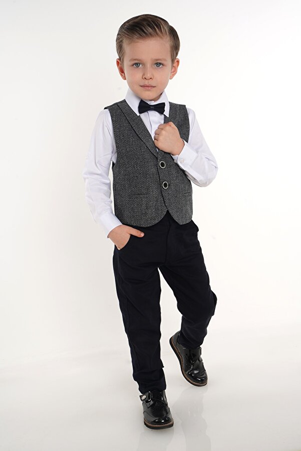 Merdia Kids Boy S Suit 2 Buttoned Tuxedo With Vest And Bow Tie - Trendyol