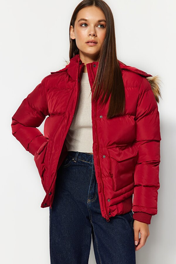Trendyol Collection Red Fur Hooded Water Repellent Puffer Jacket ...