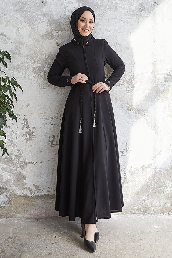 InStyle Sivya Collar Button Belt Knitted Abaya - Black- Trendyol