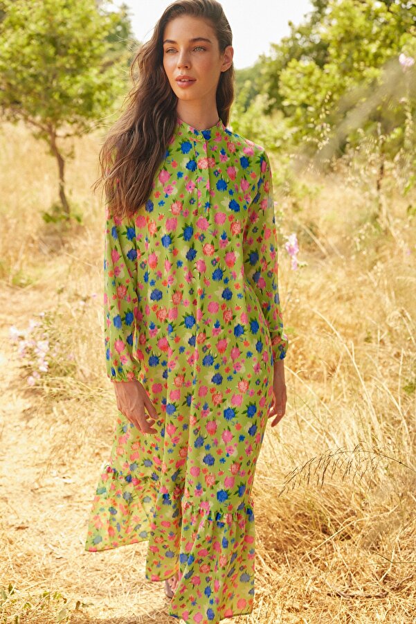 Trendyol Modest Dark Green Floral Print Half Placket Skirt, Woven Dress ...