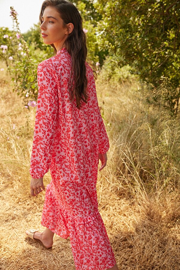 Trendyol Modest Red Floral Half Placket Skirt Tip Ruffle Lined Woven ...