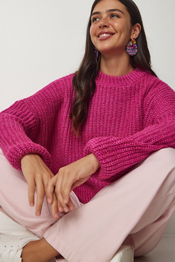 Happiness İstanbul Rosa Basic-Strickpullover mit Ballonärmeln für Damen ...