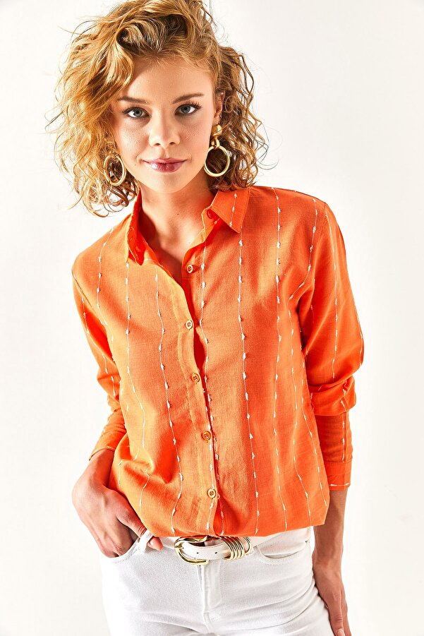 Olalook Women's Orange Stitching Detailed Flared Linen Shirt GML ...