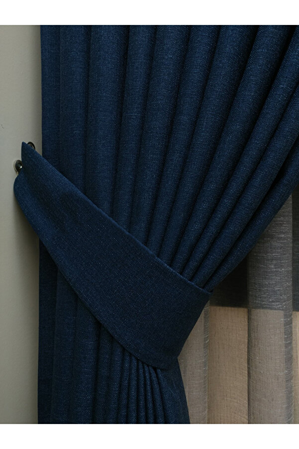 Evdepo Home Crown Navy Blue Solid Color Linen Background Curtain ...