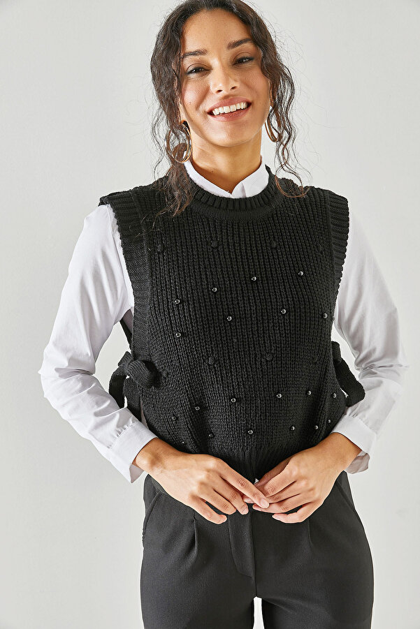 Olalook Woman's Black Side Tied Pearl Garnished Knit Suede SVT-00000024 ...