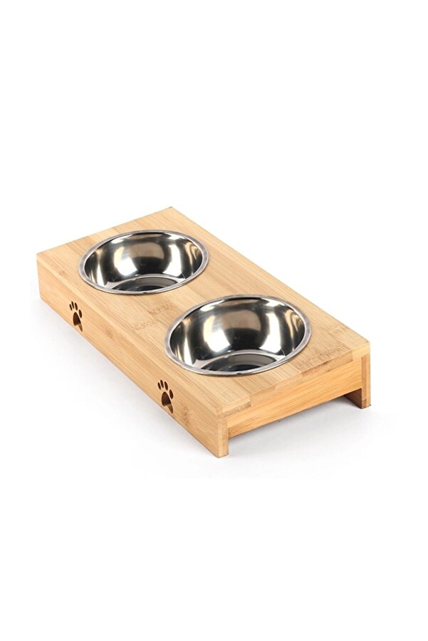 Carno Double Steel Food and Water Bowl with Wooden Coffee Table - Trendyol