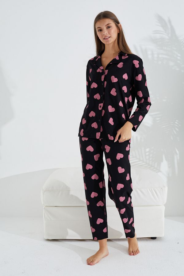 Siyah nci black and pink heart patterned cotton button down pajama set Trendyol