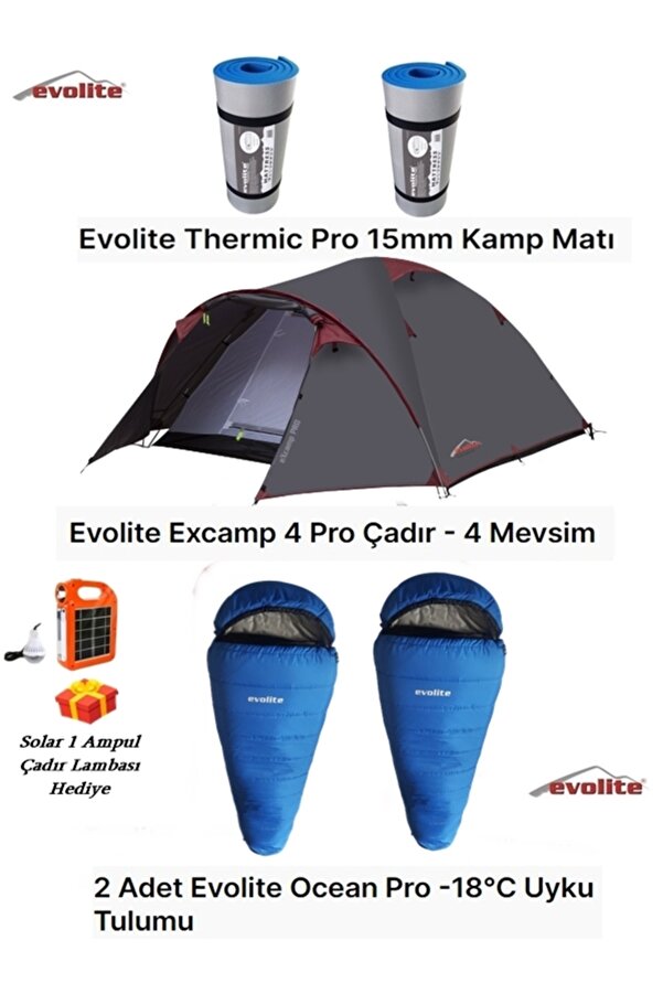 إيفوليت خيمة Excamp 4 Pro + Ocean Pro -18°كيس نوم C + حصيرة تخييم Thermic Pro 15 مم هدية مصباح ...
