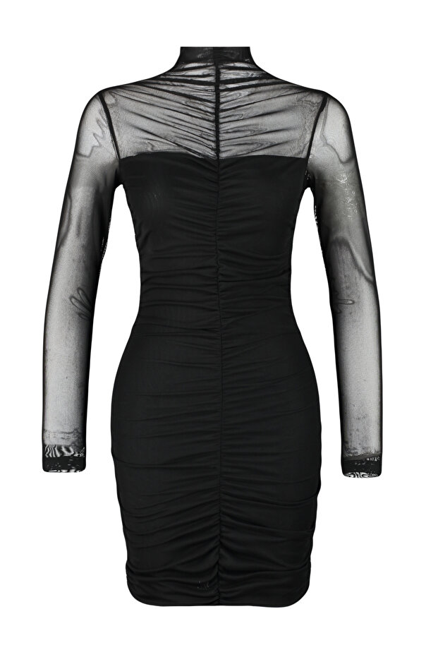 Trendyolmilla Siyah Vücuda Oturan Astarlı Dik Yaka Örme Tül Kısa Şık Abiye Gece Mezuniyet ...