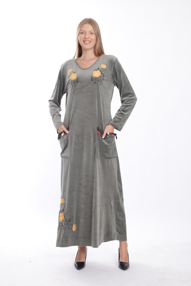 mervemoda Kadın Açık haki kadife uzun elbise - Fiyatı, Yorumları