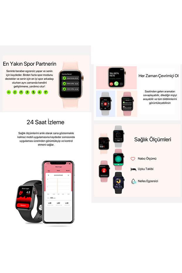 Teknodrone 9 Serisi Akıllı Saat 7 Kordon Hediyeli Android ve İos Tüm ...