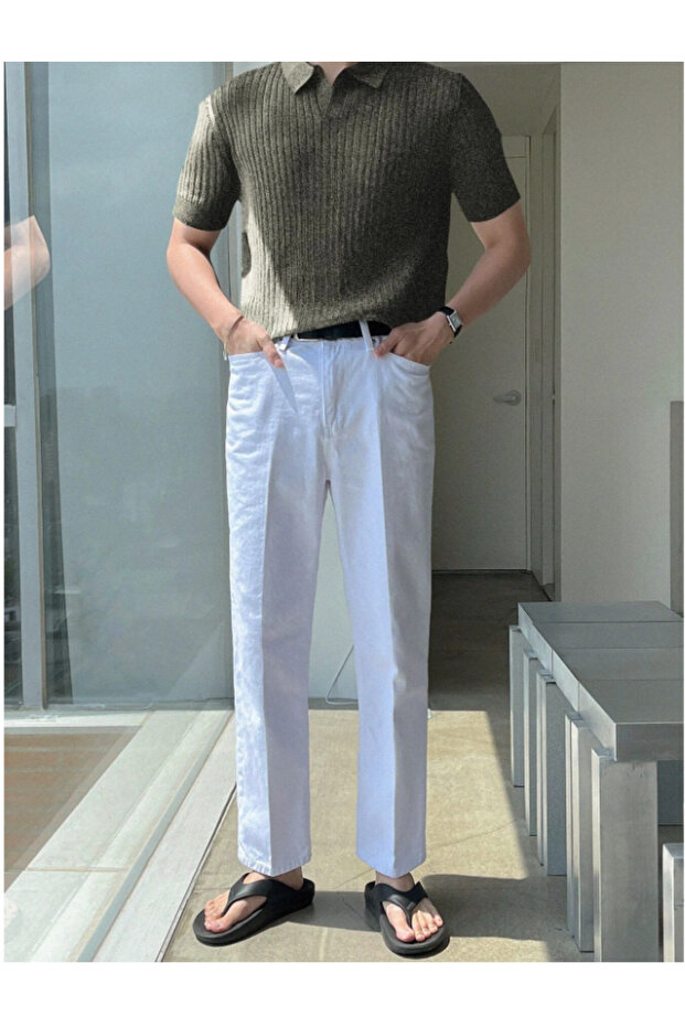 Tarz Cool Khaki Men's Corded Fabric Polo Neck Knit T-Shirt- Trendyol