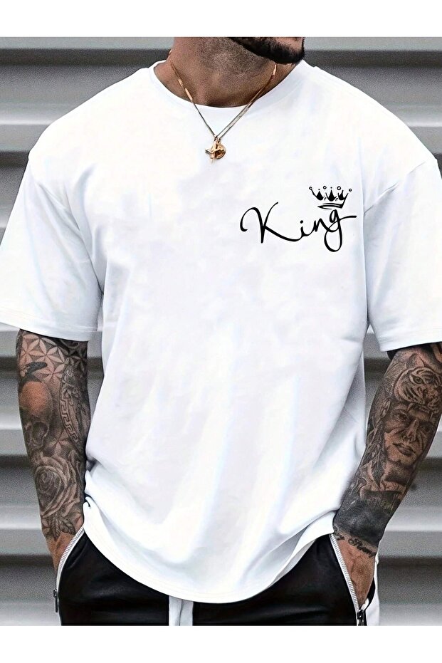 BEETON King Logo T-Shirt - Beyaz Baskılı Oversize Bisiklet Yaka Kısa ...