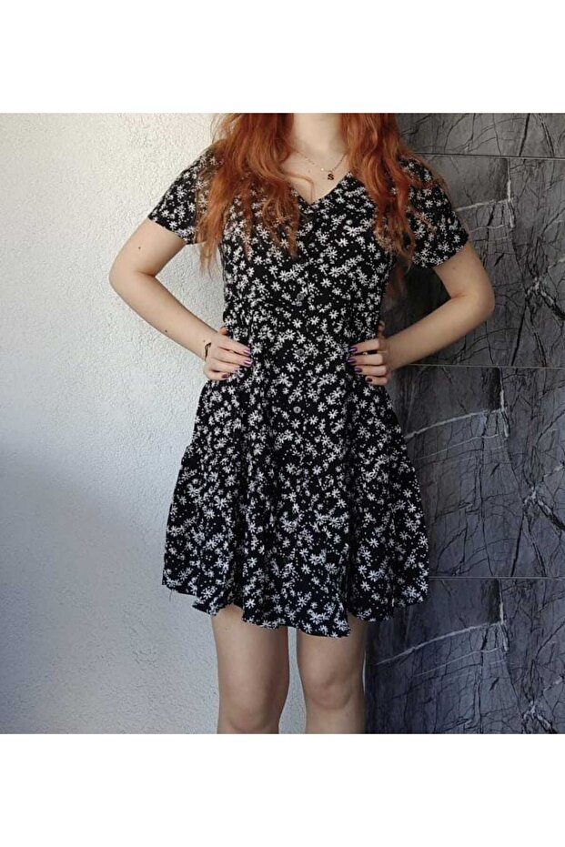 Kübra Tekstil V-Neck Crispy Patterned Mini Dress Kt01836- Trendyol