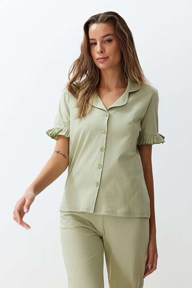 Trendyolmilla Mint %100 Pamuklu Fırfır Detaylı Örme Pijama Takımı ...
