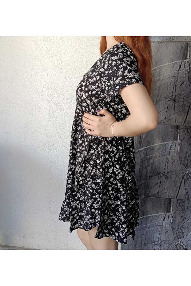 Kübra Tekstil V-Neck Crispy Patterned Mini Dress Kt01836- Trendyol
