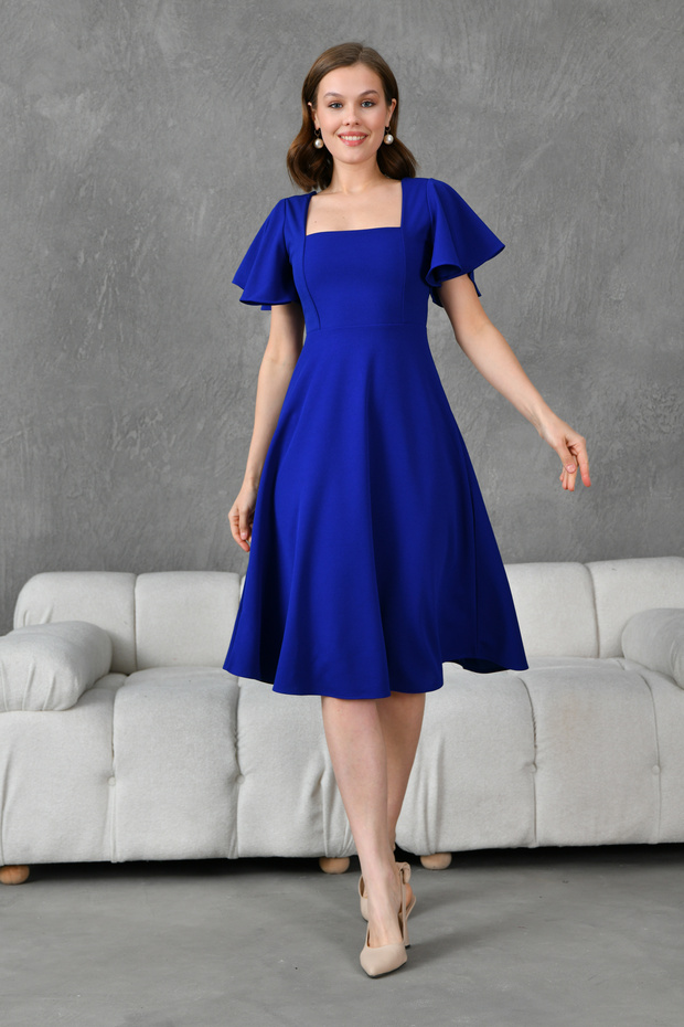 barış sülün lovebox Esnek Krep Kumaş Kare Yaka Midi Boy Saks Mavi Abiye Elbise Saks Mavi ...