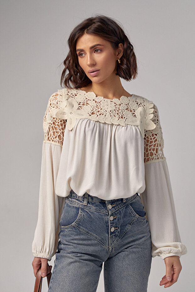 FEMELLE Women's Beige Standard Size Knitted Lace Blouse- Trendyol