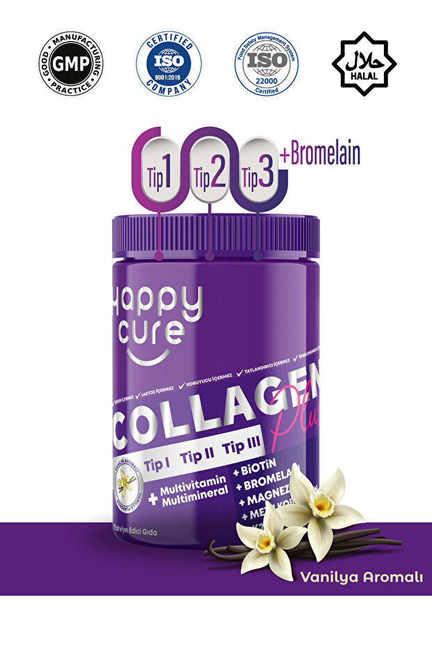 Happy Cure COLLAGEN PLUS 300 gr Toz Kolajen (Tip 1, Tip 2, Tip 3 Kolajen Peptit Hyalüronik Asit ...