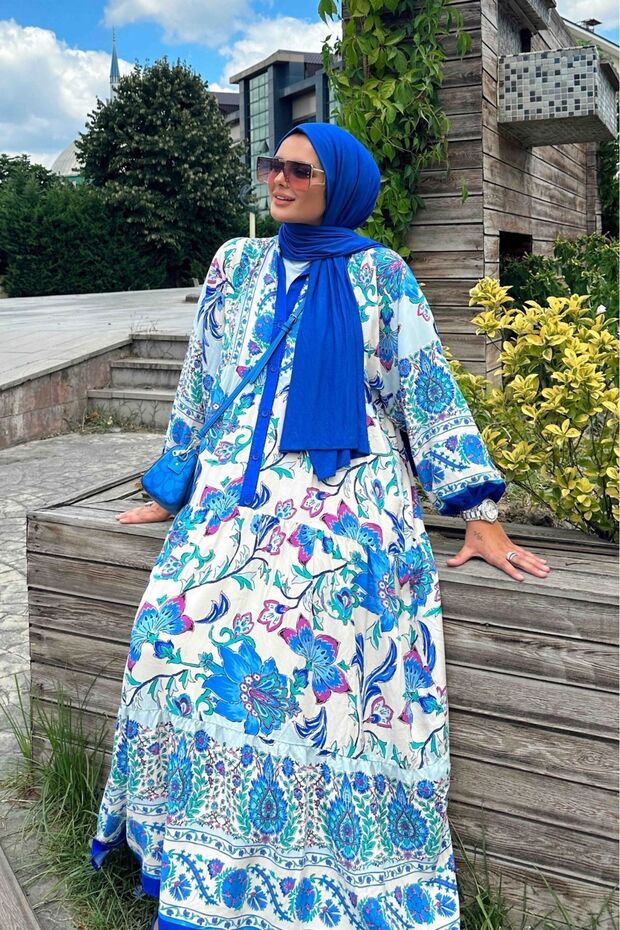 Qenz Katleya Pattern Dress - Blue- Trendyol