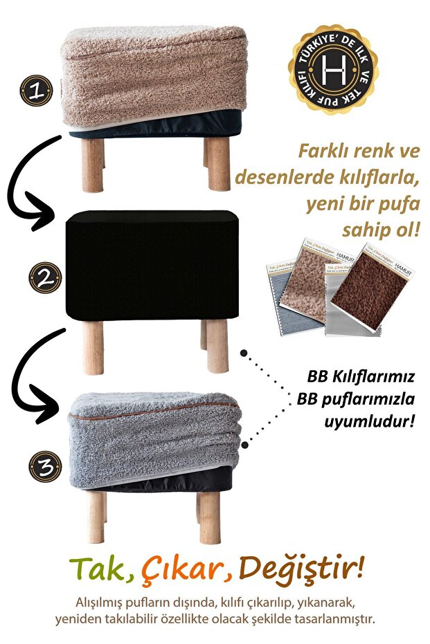 HAMUR Yıkanabilir Puf Tabure Kılıfı Tak-Çıkar-Değiştir-Yenile Orta ...