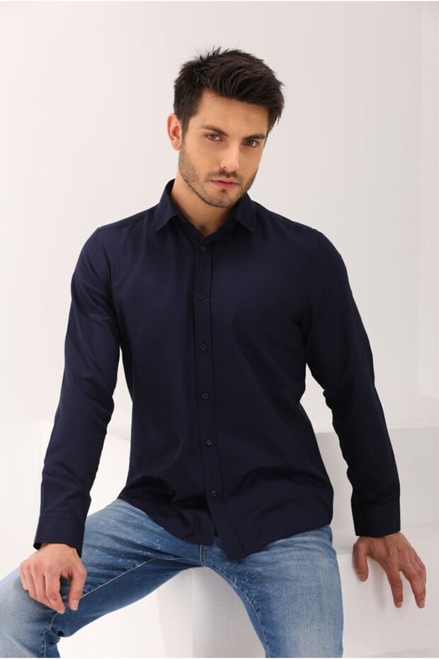 Catto Peak Lacivert Gabardin Teri Emen Nefes Alan Regular Erkek Gömlek ...
