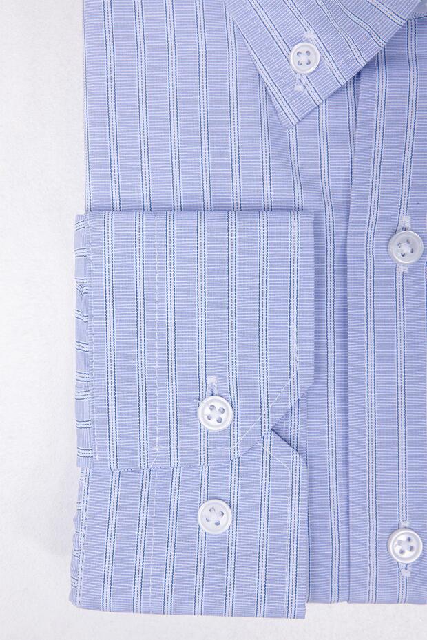 Tudors Men's Big Size Large Size Long Sleeve Striped Blue Shirt- Trendyol
