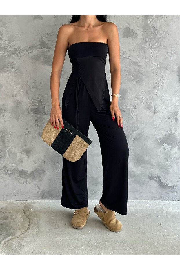 SUYA US WEAR Sandy Fabric Strapless Blouse and Pants Set- Trendyol
