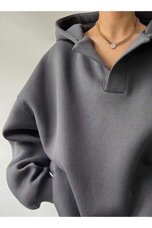 CAST COLLECTİON Anthracite Hooded Low-cut Women's Sweatshirt- Trendyol