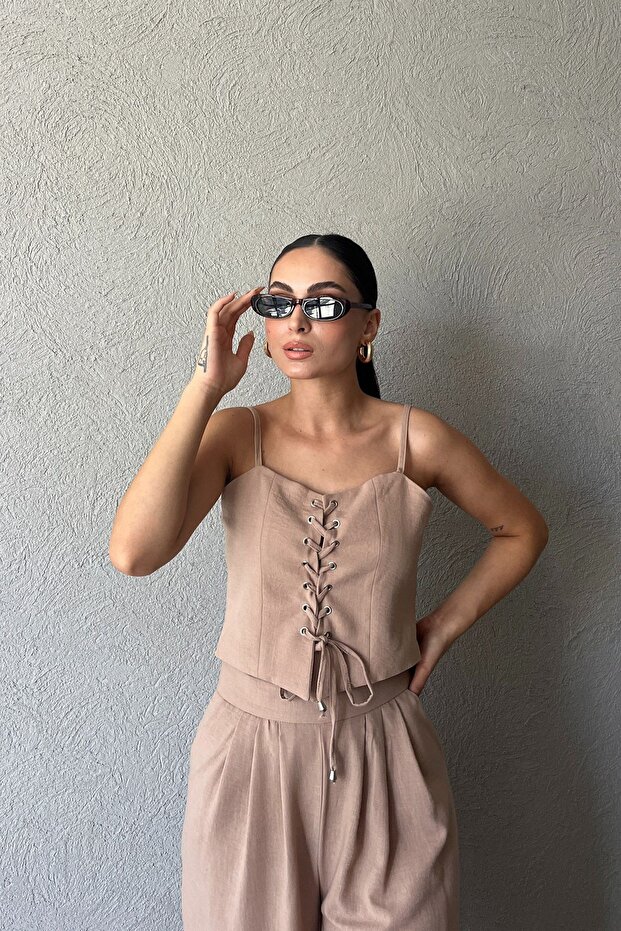 Seda Yalçın Atelier Vizon İnce Askılı İp Bağlama Detaylı Crop Pantolon ...