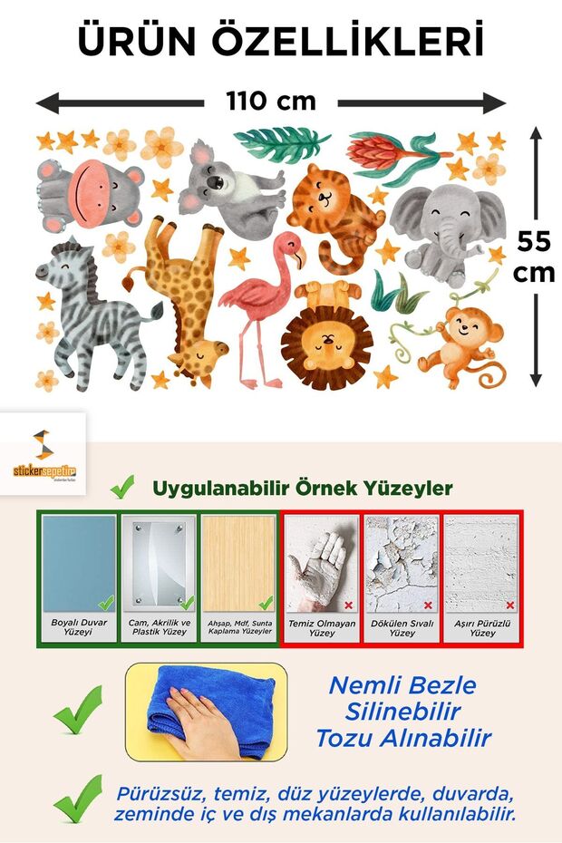 Sticker Sepetim Minik Safari Sevimli Hayvanlar Iı Sulu Boya Cam, Dolap ...