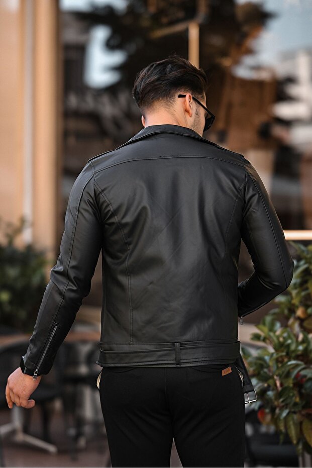 gm giyimarket Men's Slim Fit Belted Cross Zipper Leather Jacket- Trendyol