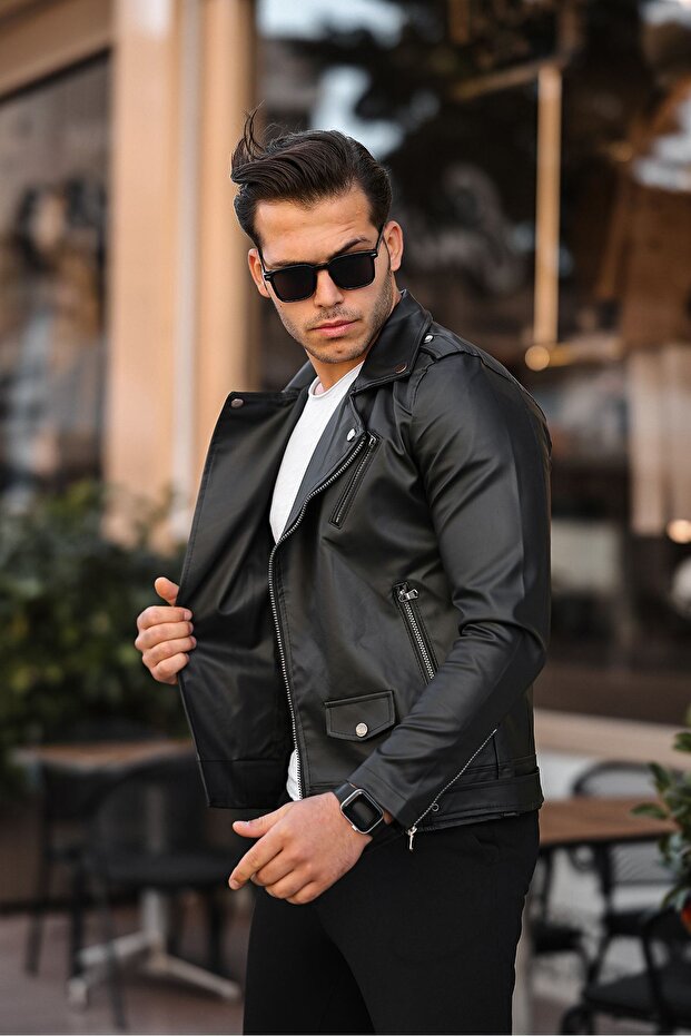 gm giyimarket Men's Slim Fit Belted Cross Zipper Leather Jacket- Trendyol
