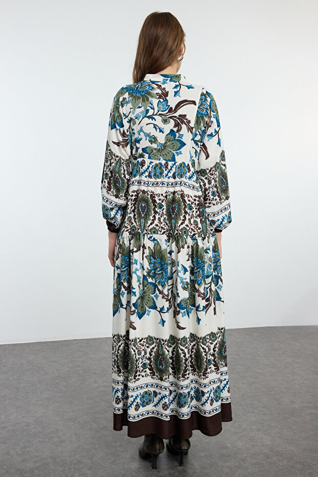 Trendyolmilla Modest Kahverengi Etnik Desenli Viskon Dokuma Elbise ...