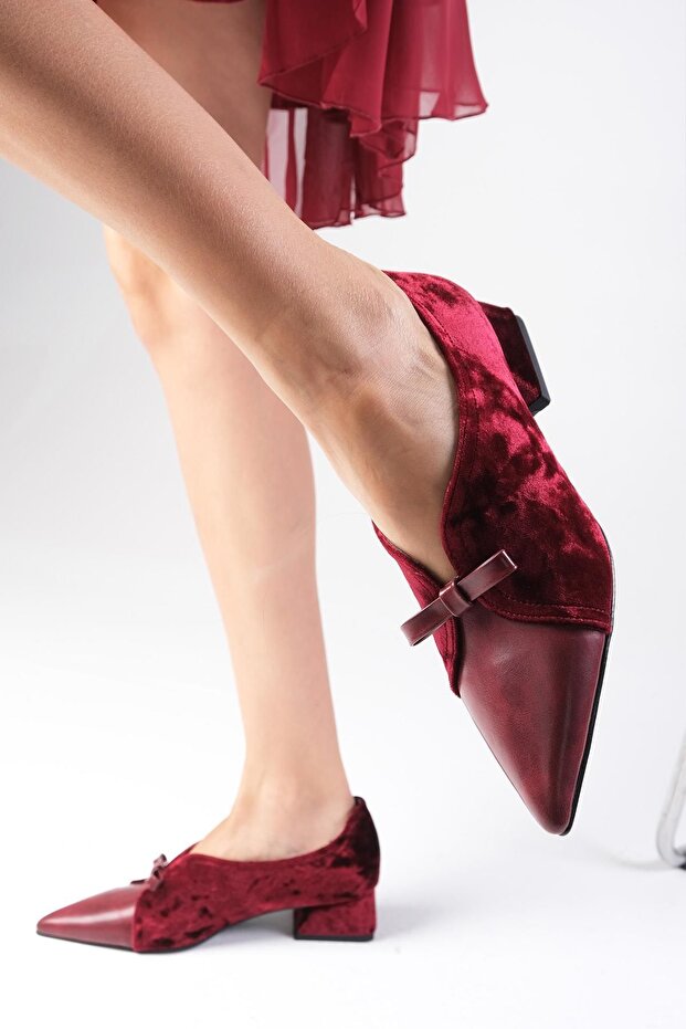 Mio Gusto Burgundy Velvet Short Heeled Pointed Toe Women's Shoes ...