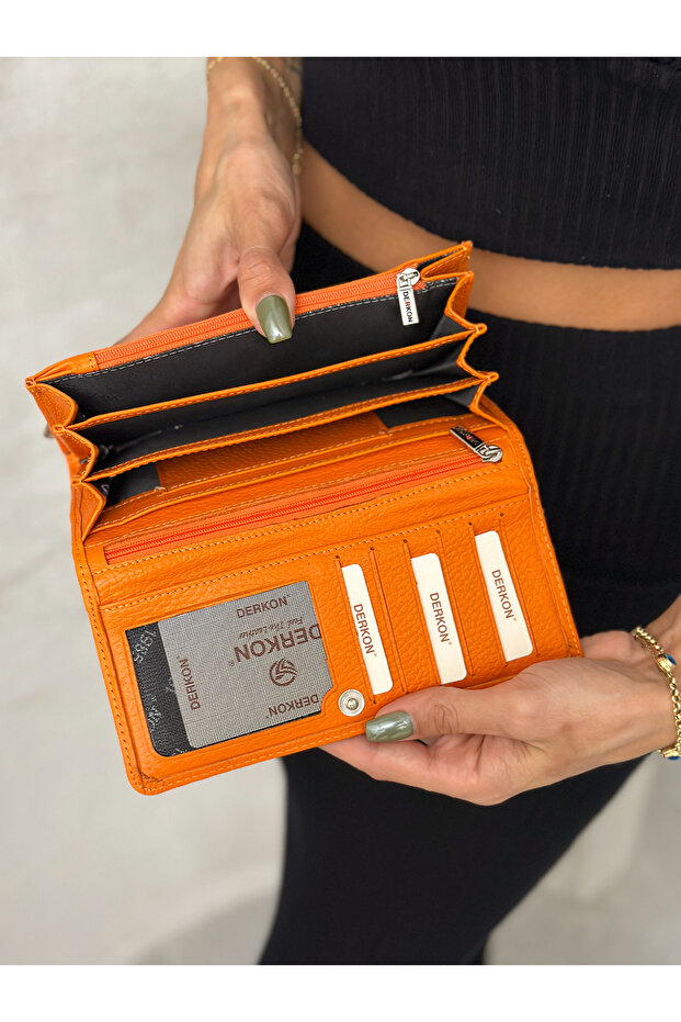 Derkon Genuine Leather Orange Women's Wallet with Lots of Eyes- Trendyol