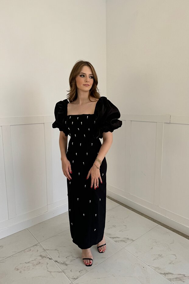 HELİS BUTİK Square Collar Maxi Length Stone Detailed Pera Black Dress ...
