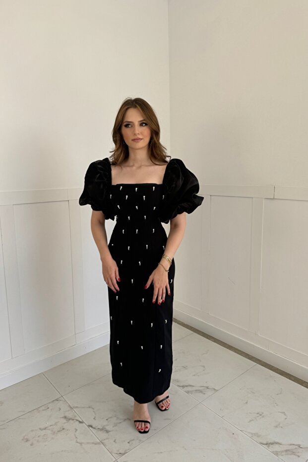 HELİS BUTİK Square Collar Maxi Length Stone Detailed Pera Black Dress ...
