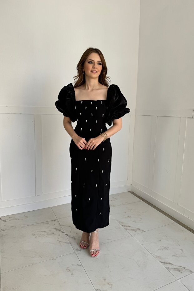 HELİS BUTİK Square Collar Maxi Length Stone Detailed Pera Black Dress ...