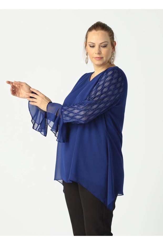 Moda Berray 1940 Kolu Jakarlı Şifon Büyük Beden Şık Bluz Lacivert ...