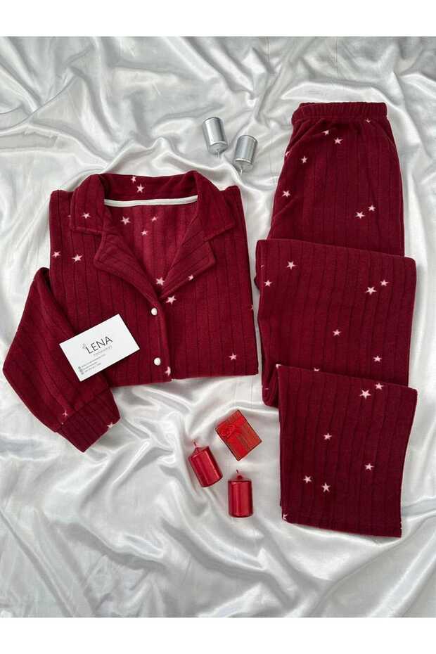 Lena Homewears Claret Red Star Patterned Buttoned Fleece Pajama Set ...
