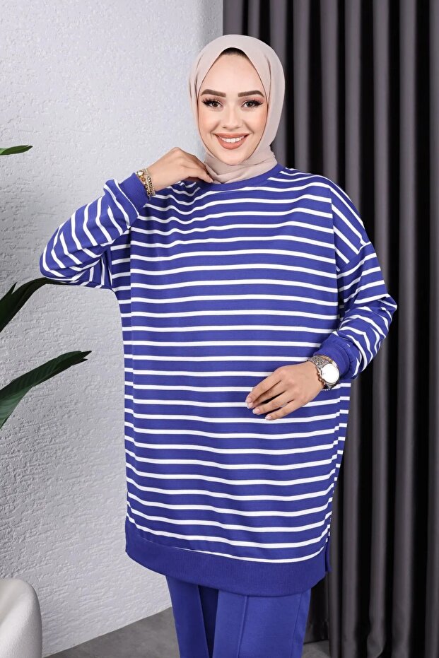 QUMEX Kadın İki İplik Çizgili Yırtmaç Detaylı Tunik Pantolon Kombinli ...