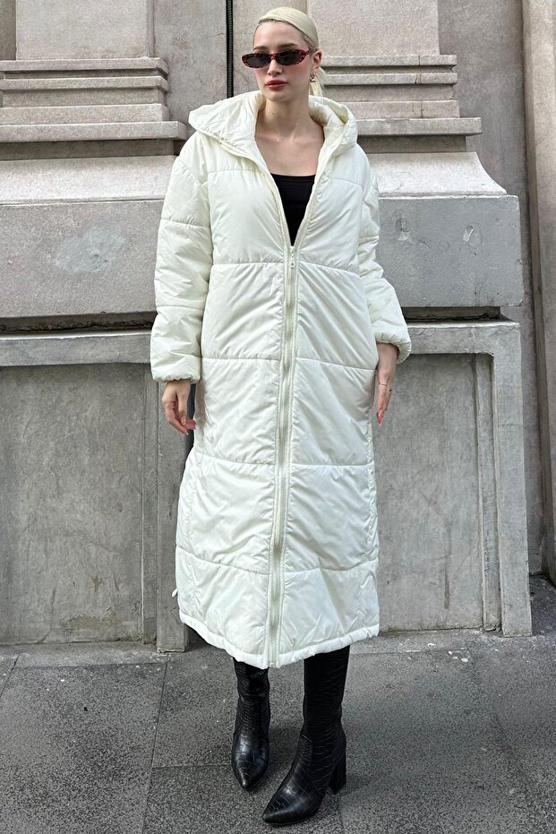 Madmext Mad Girls Ecru μακρύ πουπουλένιο παλτό MG1303- Trendyol