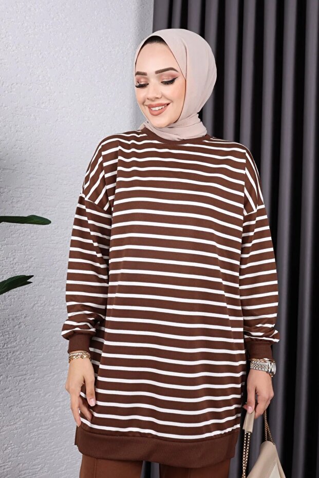 QUMEX Kadın İki İplik Çizgili Yırtmaç Detaylı Tunik Pantolon Kombinli ...